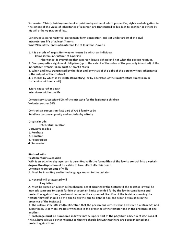 Kinds of Wills Testamentary Succession Degree The Disposition of His ...