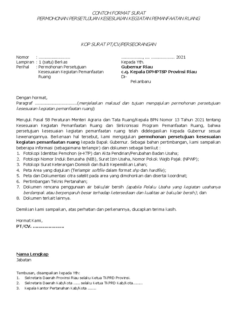 Format Surat Permohonan Persetujuan KKPR - Nonberusaha | PDF