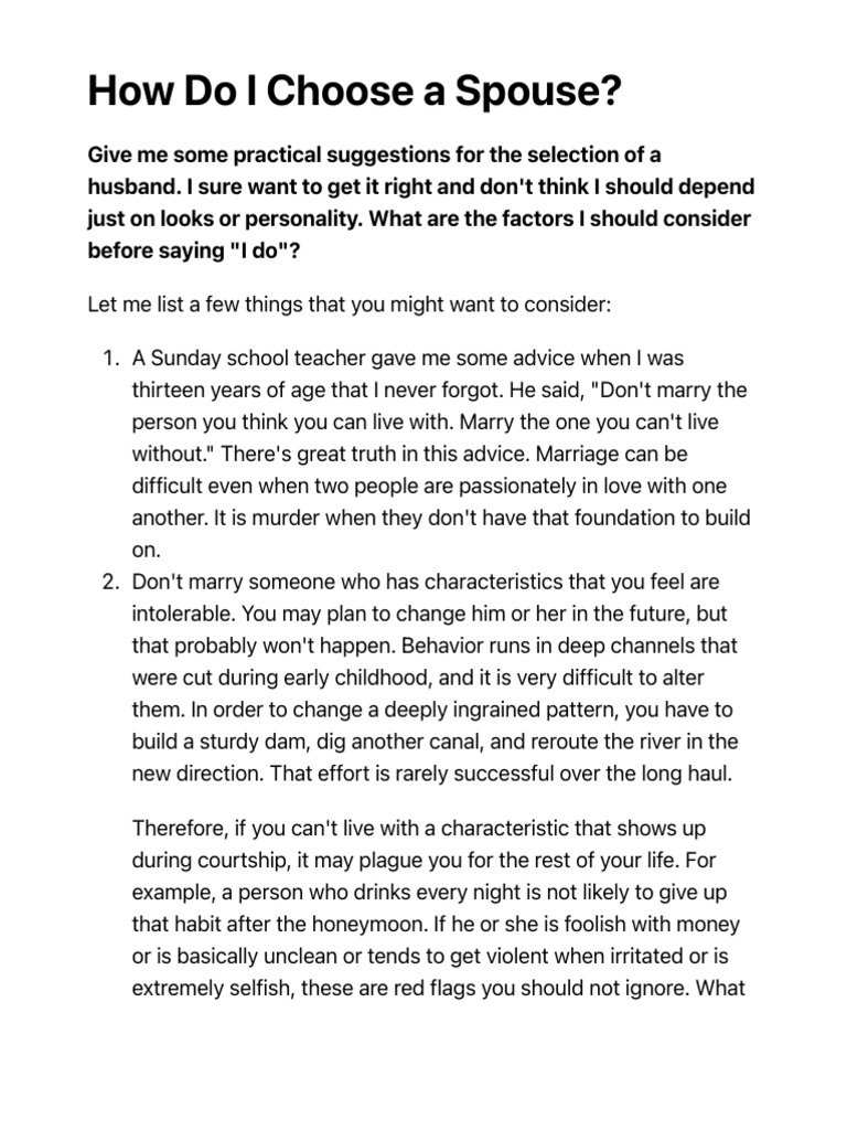 How To Choose A Spouse - Dr. James Dobson | PDF | Marriage | Divorce