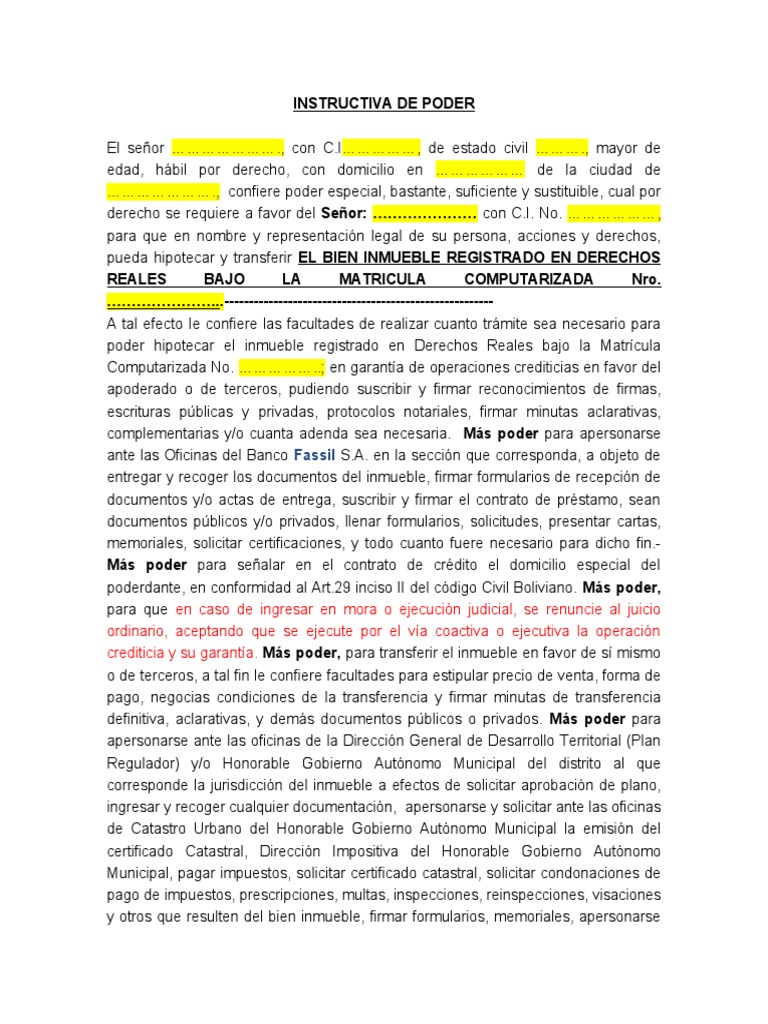 Modelo Instructiva de Poder (Garante Hipotecario) | PDF | Hipoteca Comercial | Finanzas y dinero