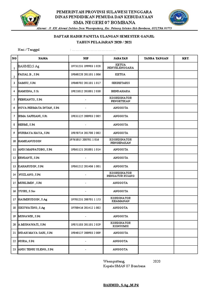 Daftar Hadir Panitia Ulangan Semester | PDF