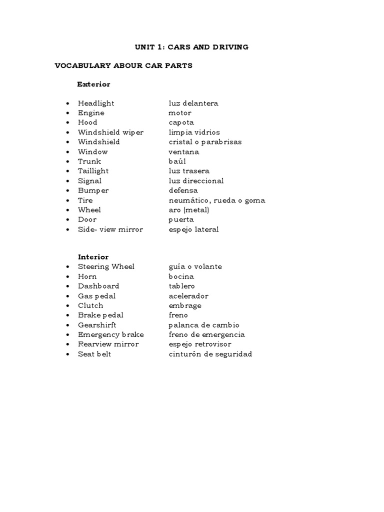 Car Parts Vocabulary | PDF