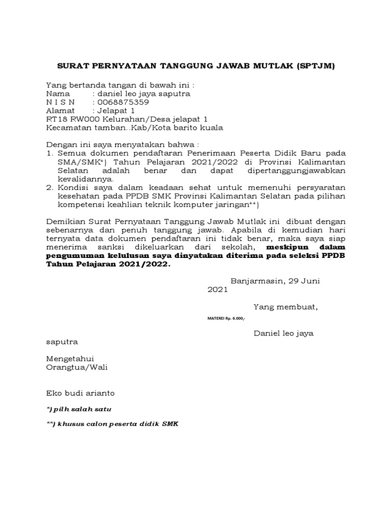 Contoh Form SPTJM | PDF