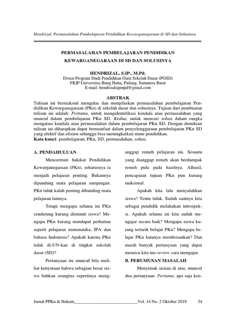 Jurnal Permasalahan Pembelajaran PKN SD | PDF