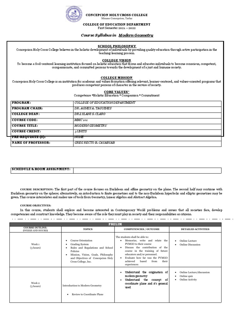 Course Syllabus in Modern Geometry: Concepcion Holy Cross College ...