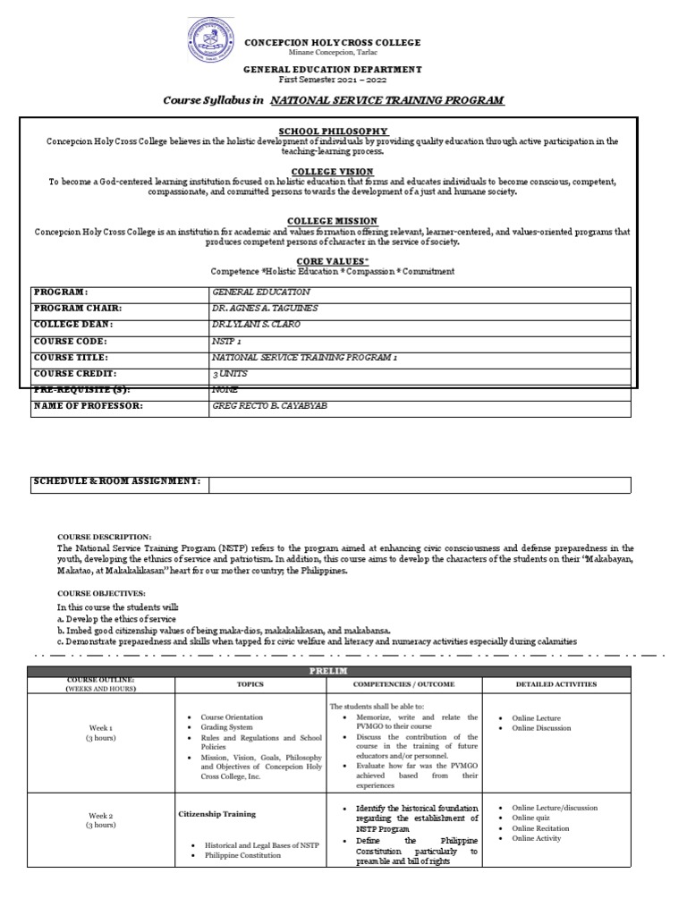 NSTP1 - Syllabus - National Service Training Program | PDF | Test ...