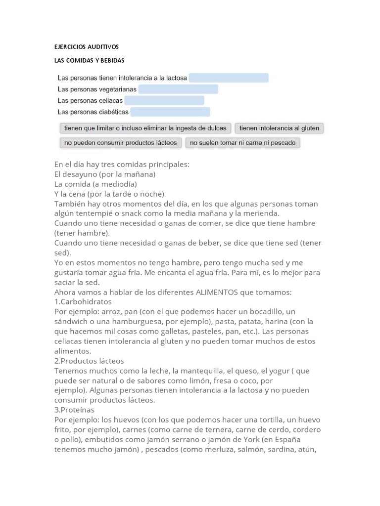 EJERCICIOS AUDITIVOS - Las Comidas y Bebidas | PDF | Alimentos | Helado