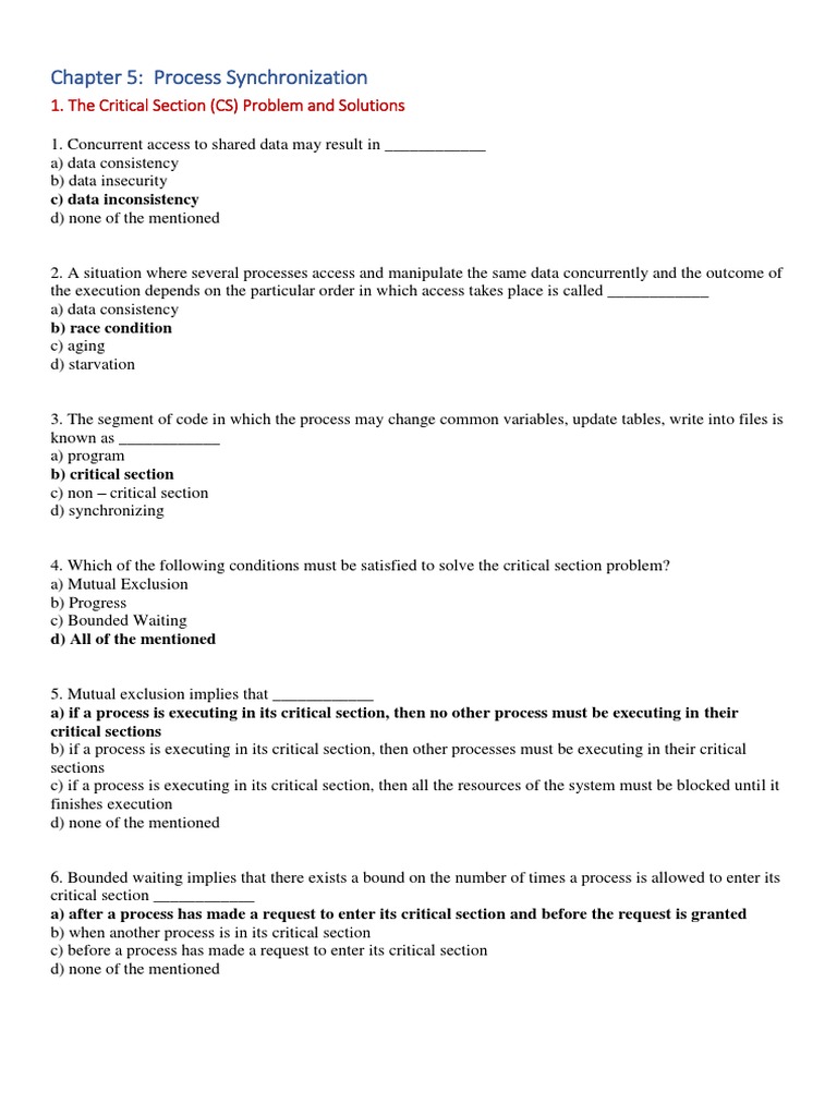 Chapter 5: Process Synchronization: 1. The Critical Section (CS ...