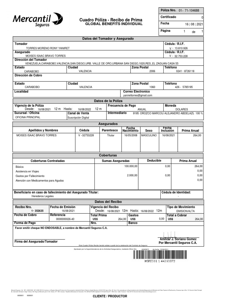Moises Bravo Póliza Salud en Dólares Mercantil Agosto 2021 - 2022 | PDF ...