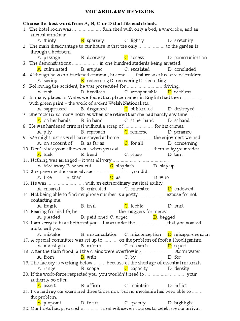 Vocabulary Revision: Choose The Best Word From A, B, C or D That Fits ...