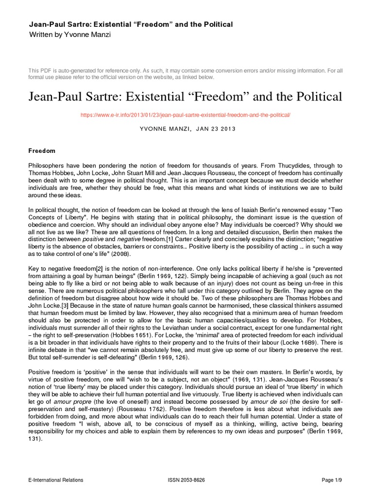 Jean Paul Sartre Existential Freedom and The Political | PDF | Existentialism | Free Will