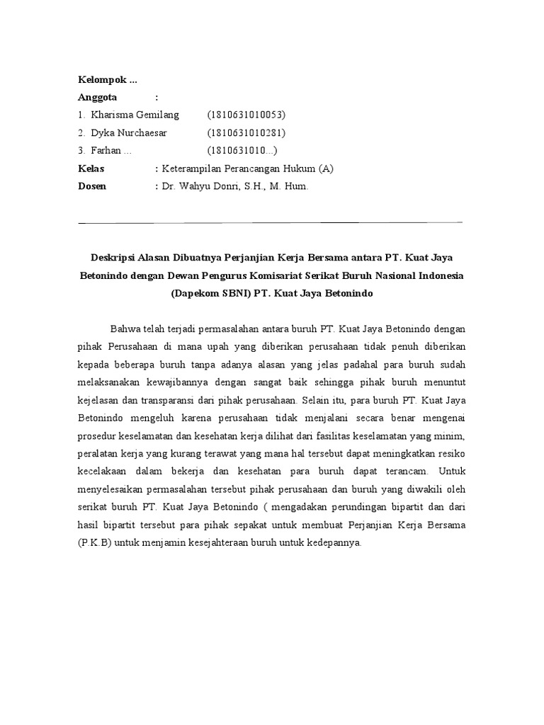 Contoh Perjanjian Kerja Bersama (PKB) | PDF