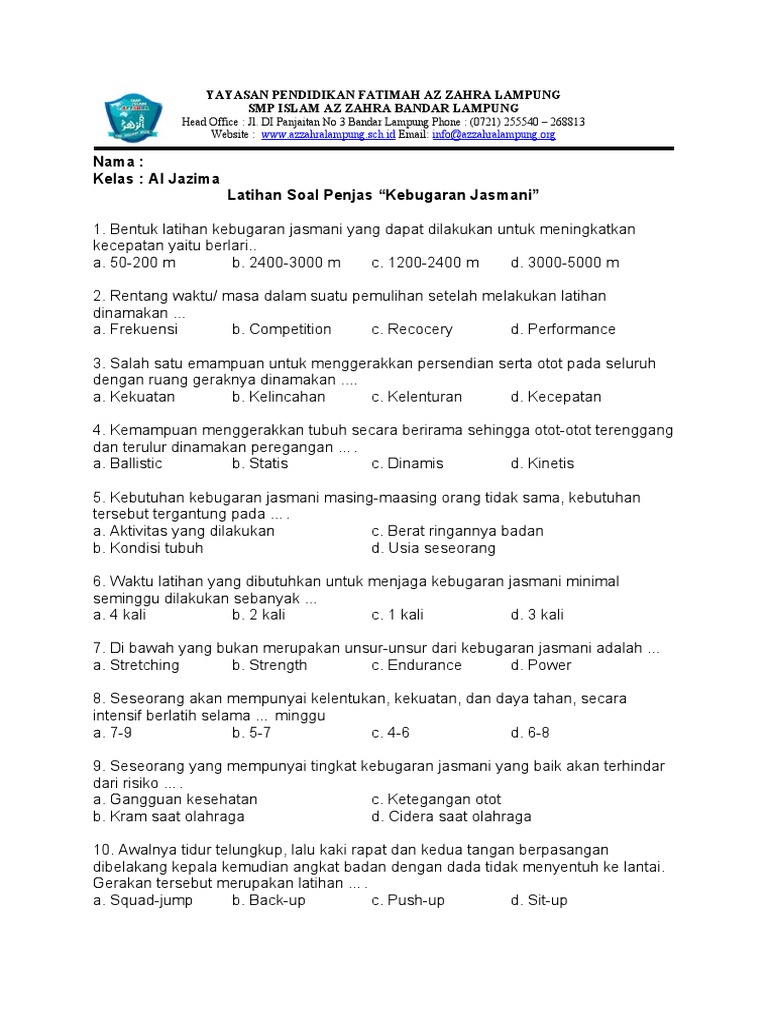 Soal Kebugaran Jasmani Kelas 7 (Al Jazima) | PDF