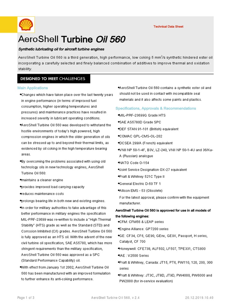 Aeroshell Turbine Oil 560: Main Applications | PDF | Motor Oil | Gas ...