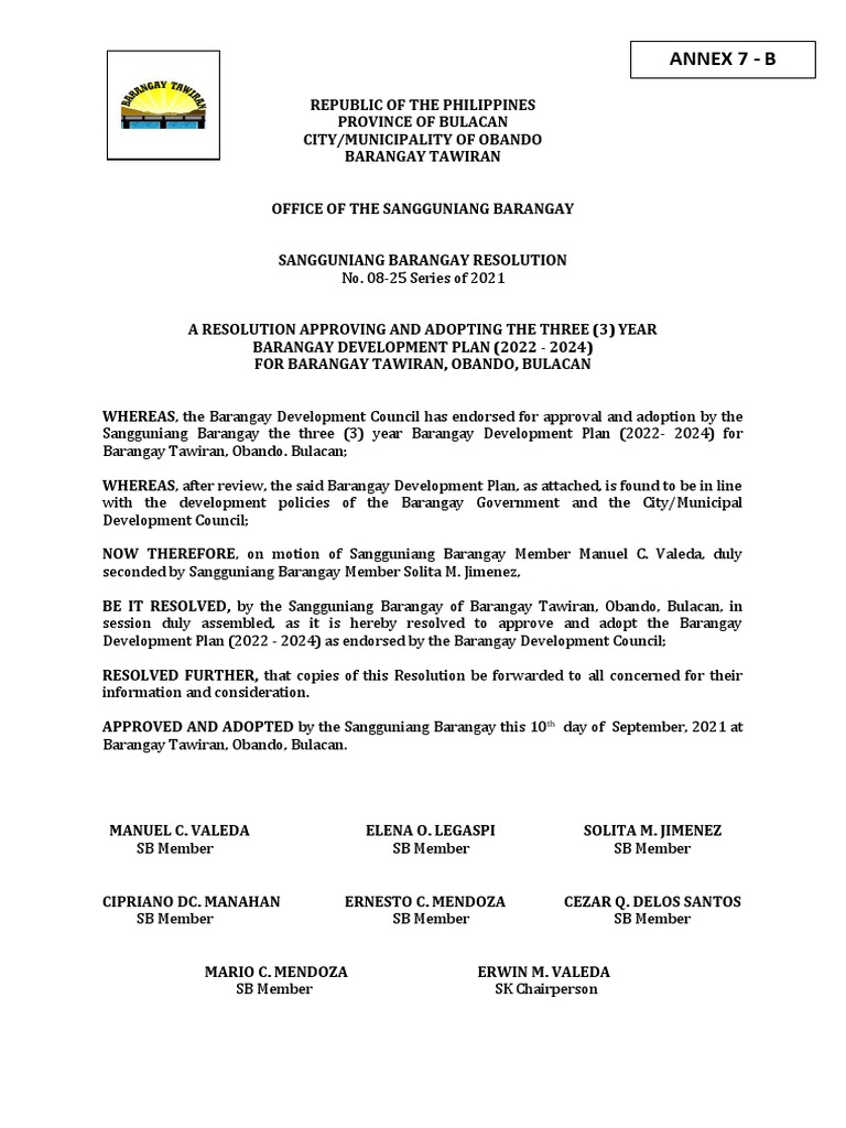 BDC SB Resolution Approving and Adopting The 3 Year BDP | PDF