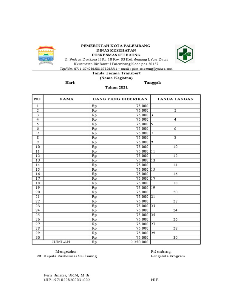 Contoh SPJ Daftar Hadir, Transport, Snack Dan Makan Siang | PDF
