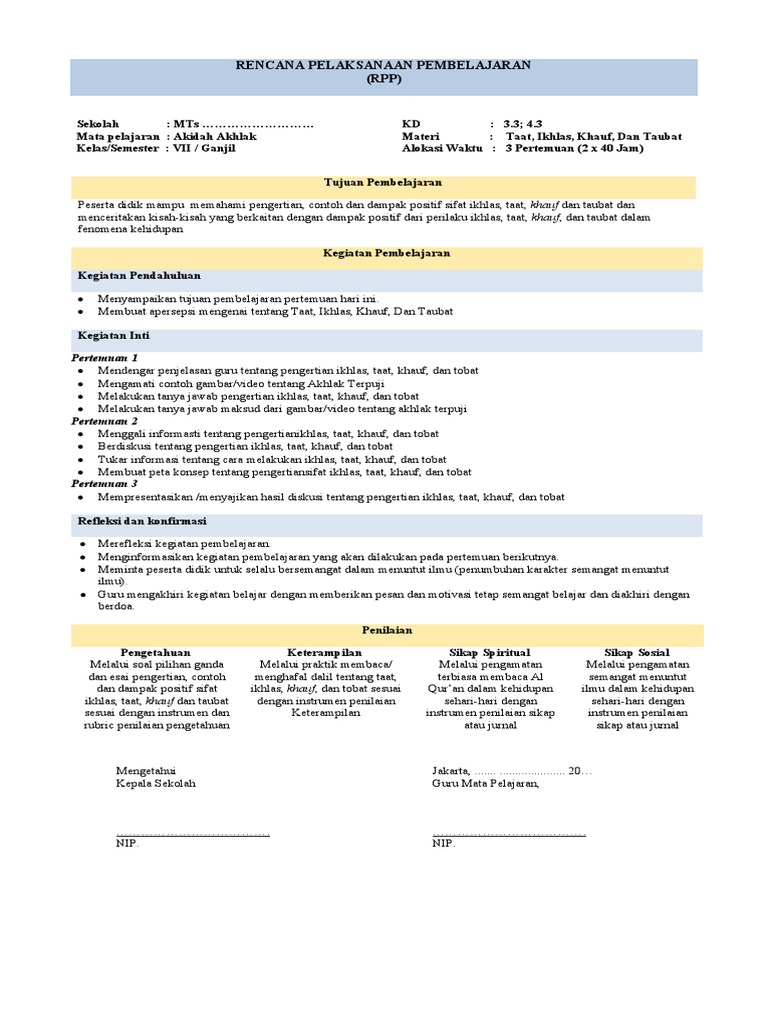 RPP Akidah Akhlak Kelas VII | PDF | Karier & Perkembangan
