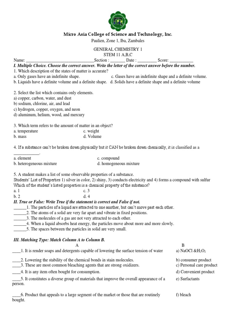 Gen Chem Exam 1 | PDF | Mixture | Chemical Substances