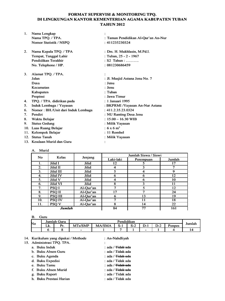 Qdoc - Tips - Format Supervisi Monitoring TPQ | PDF
