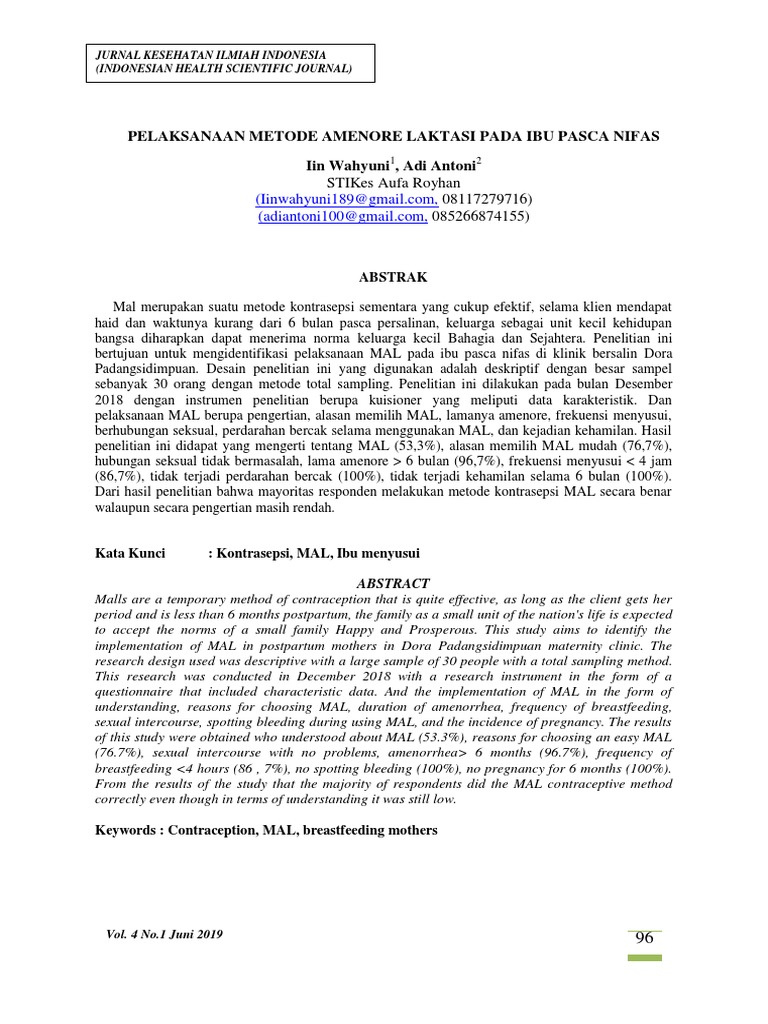 Pelaksanaan Metode Amenore Laktasi Pada Ibu Pasca Nifas Iin Wahyuni, Adi Antoni | PDF