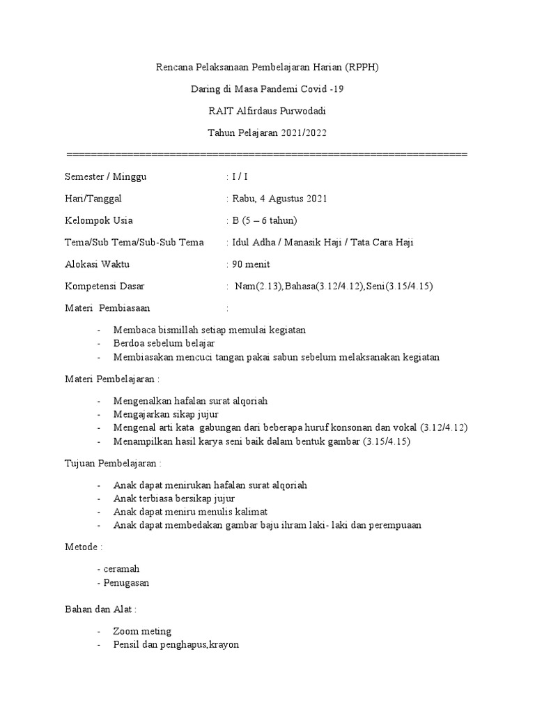 Contoh RPPH Paud | PDF