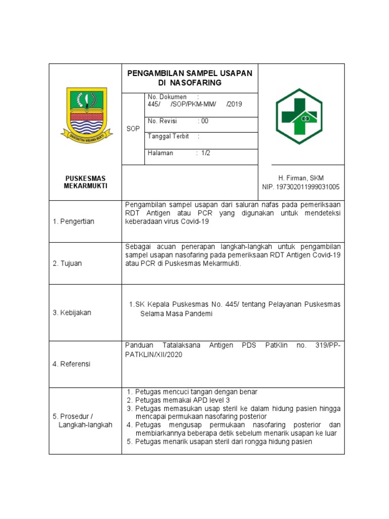 Sop Pengambilan Sampel Usapan Di Nasofaring | PDF