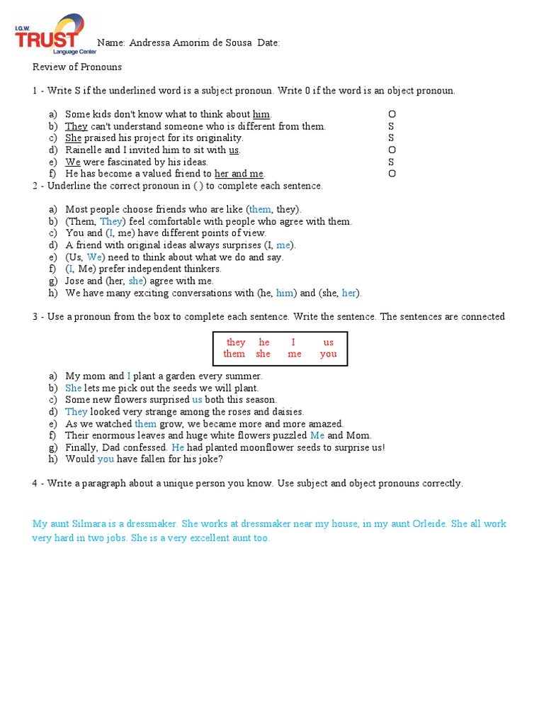 Pronoun Usage Review Guide | PDF | Pronoun | Syntax