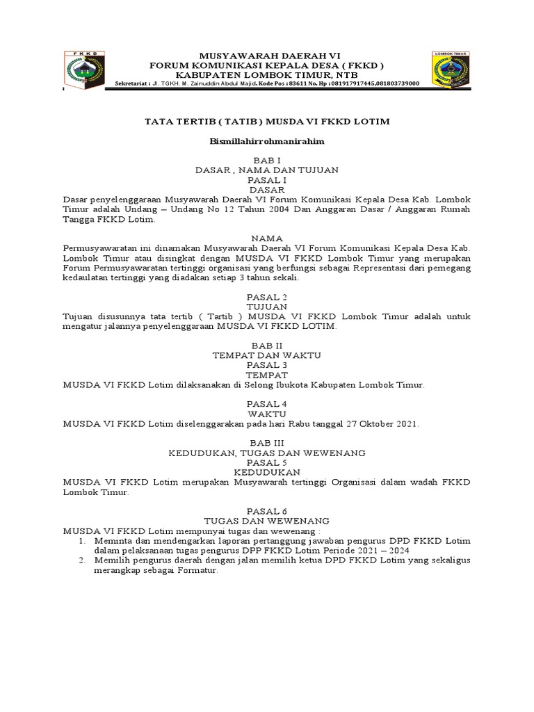 Tata Tertib MUSDA VI FKKD Lotim | PDF