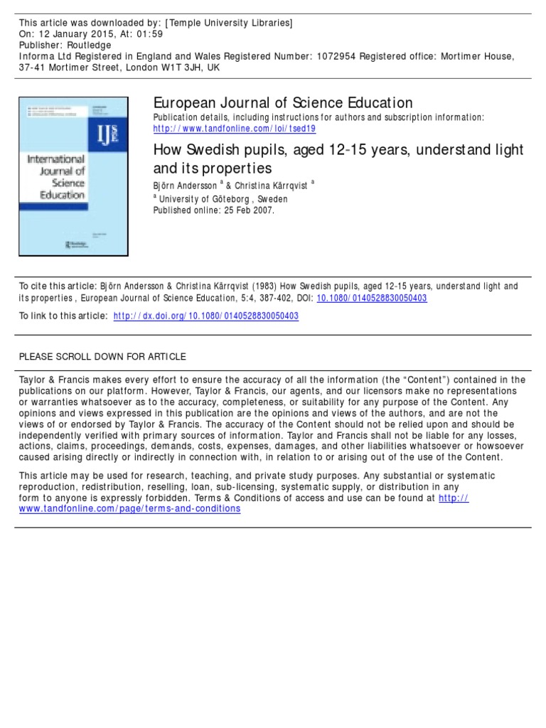 How Swedish Pupils, Aged 12 15 Years, Understand Light and Its ...