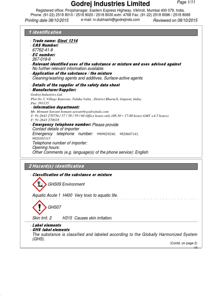 Ginol 1214-CAS 67762-41-8 MSDS | PDF | Dangerous Goods | Toxicity