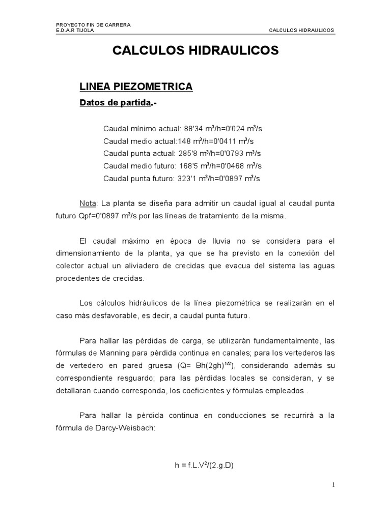Calculo Linea Piezometrica | PDF | Descarga (hidrología) | Agua y el ...