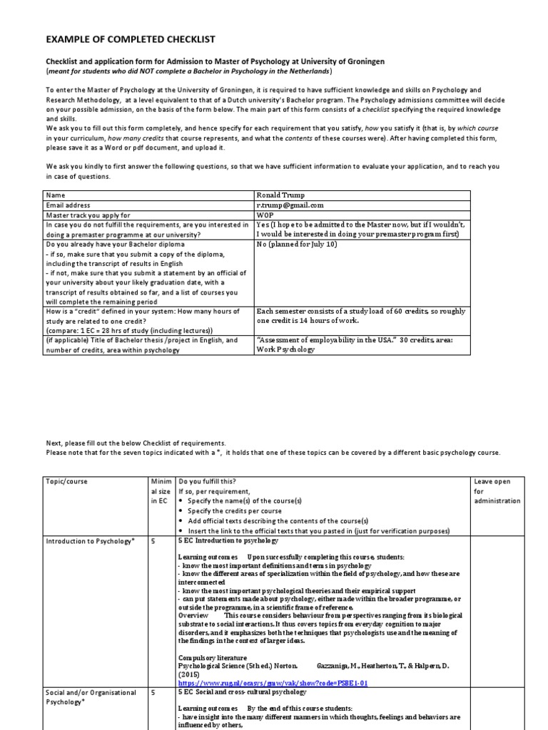 Checklist Example Completed Uk 2018 | PDF | Psychology | Attention