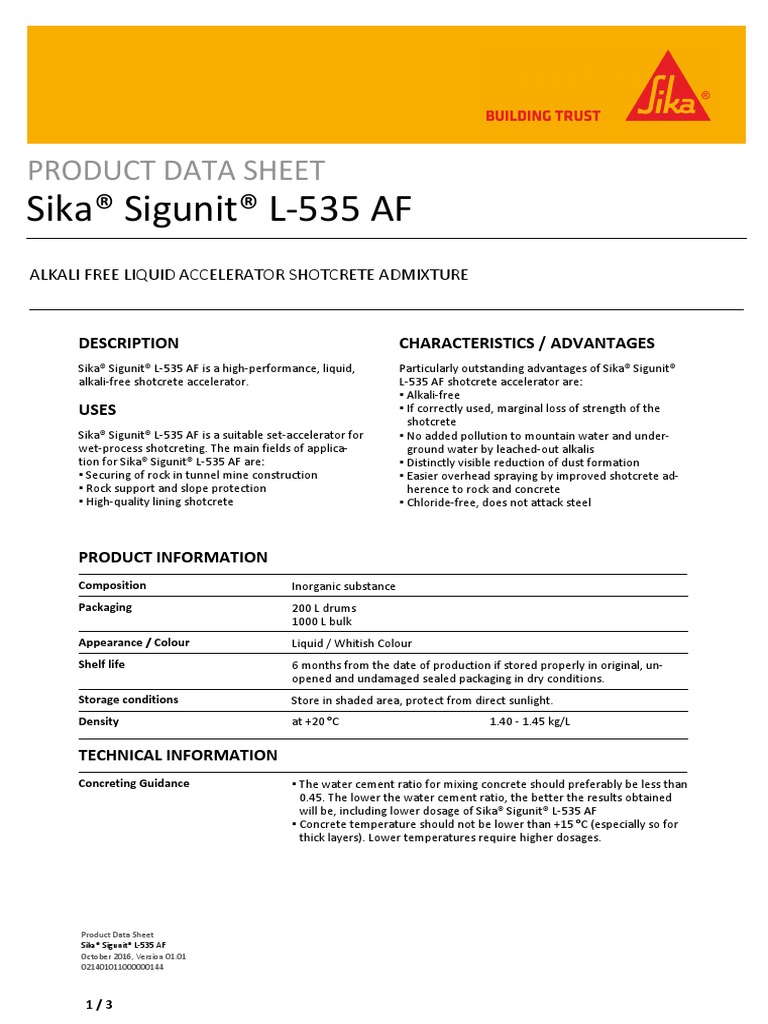 Sika® Sigunit® L-535 AF: Product Data Sheet | PDF | Concrete | Water