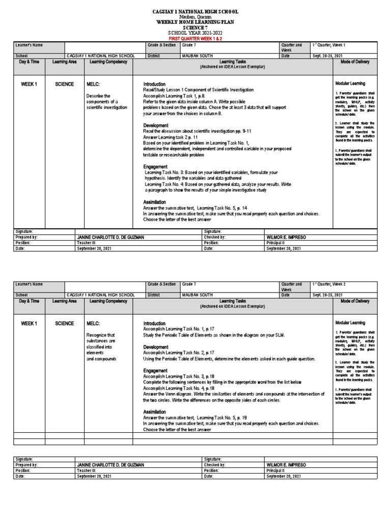 WHLP Science 7 Week 1 2 Quarter 1 | PDF | Scientific Method | Learning