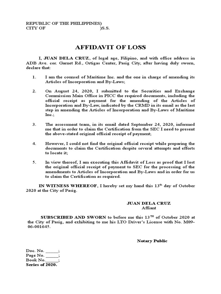Affidavit of Loss Official Receipt Sample | PDF