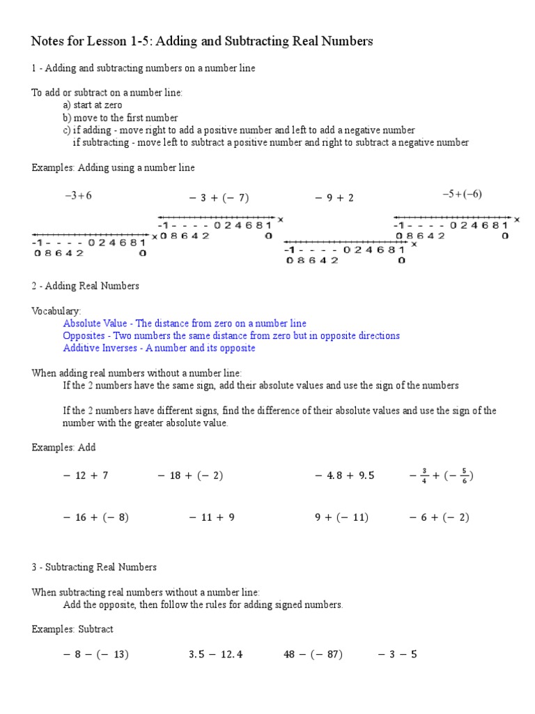 Notes For Lesson 1-5: Adding and Subtracting Real Numbers | PDF