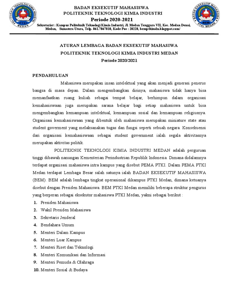 Struktur dan Tugas BEM PTKI Medan 2020-2021 | PDF