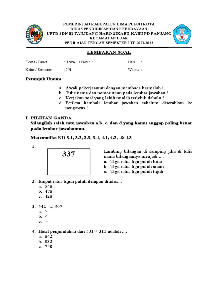 Tema 1 Paket 2 Soal Ujian Uts SMT 1 Kelas 2 | PDF