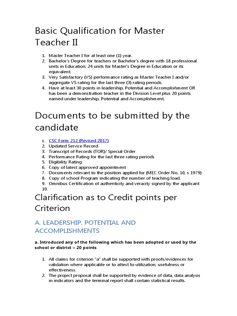 Basic Qualification For Master Teacher II | PDF | Academic Degree ...