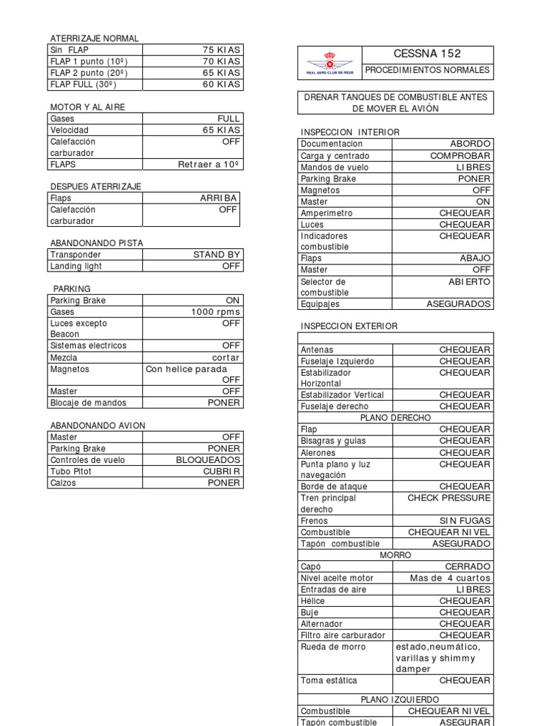C152 Checklist | PDF | Carburador | Avión