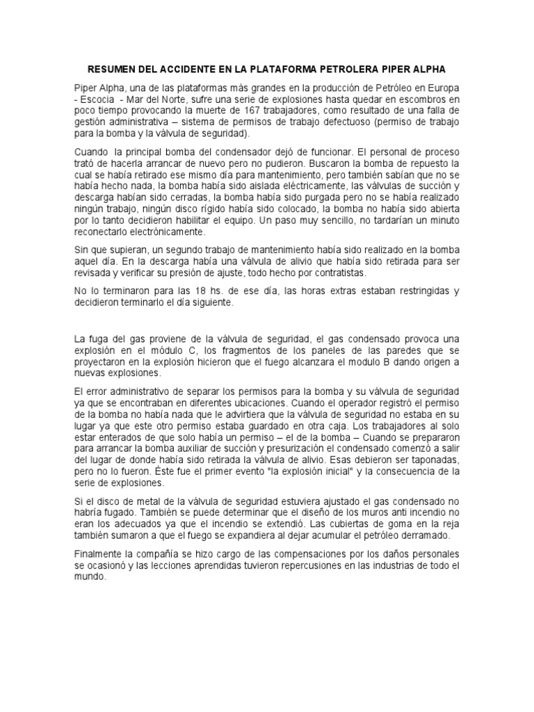 Resumen del accidente Piper Alpha | PDF
