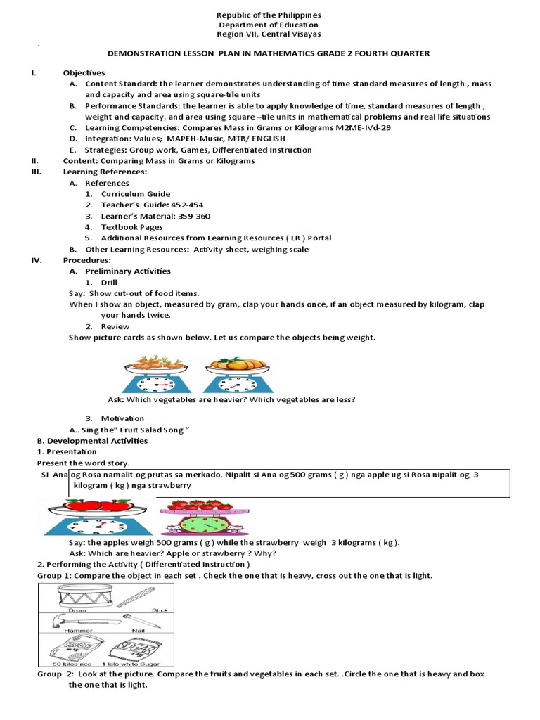 Demonstration Lesson Plan in Mathematics Grade 2 Fourth Quarter I ...