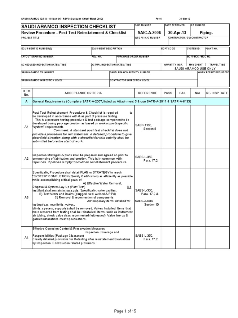 Saudi Aramco Inspection Checklist: Review Procedure - Post Test ...