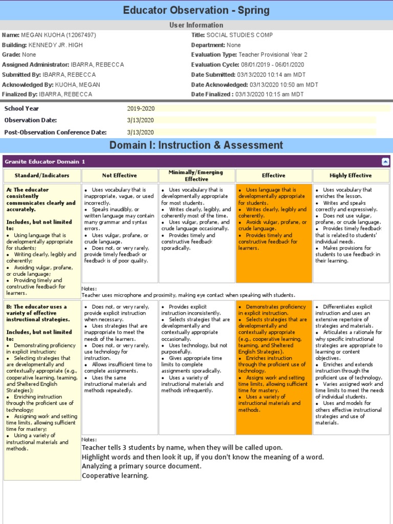 Educator Observation - Spring - Megan Kuoha | PDF | Educational ...