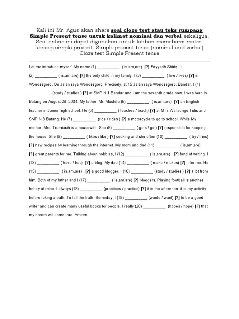 Soal Cloze Test Simple Present Tense | PDF | Childhood