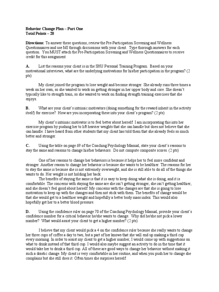 Behavior Change Plan - Part One Total Points - 20 Directions: To Answer ...