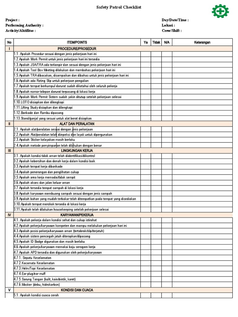Safety Patrol Checklist | PDF