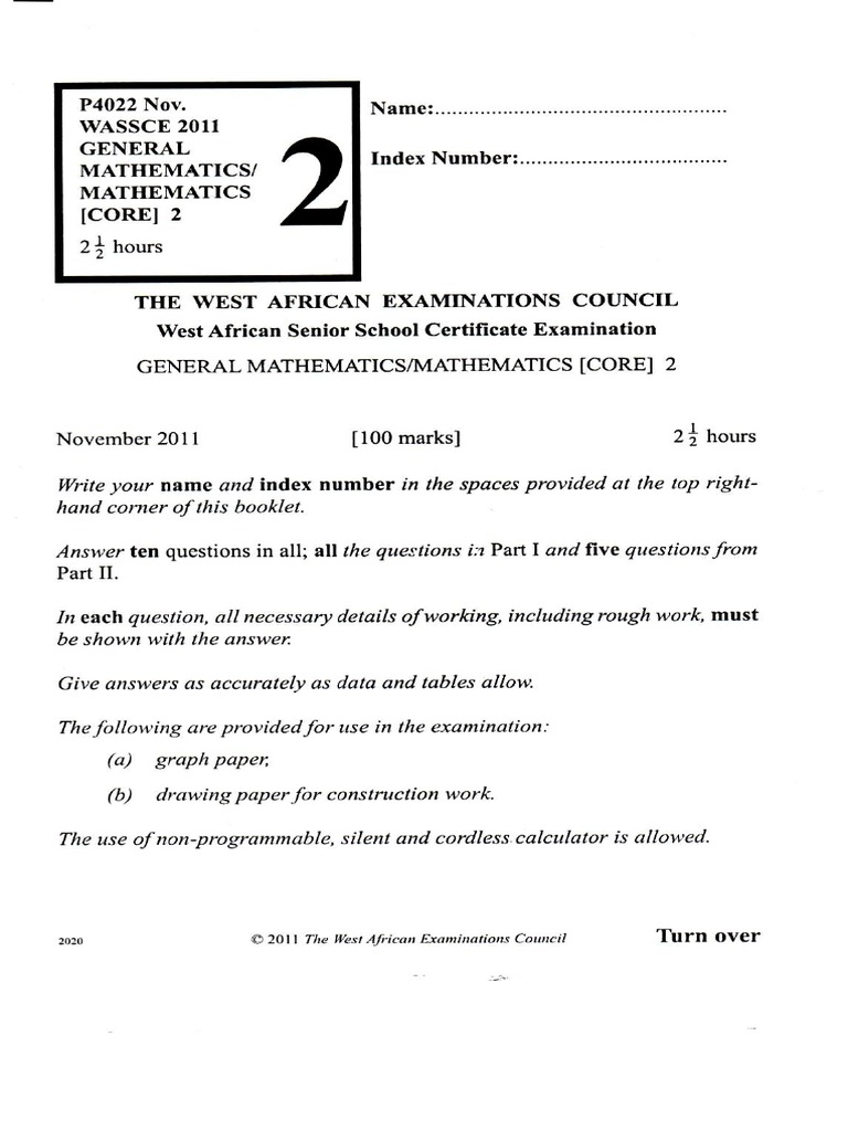 WASSCE General Core Maths Past Question Paper 2 | PDF