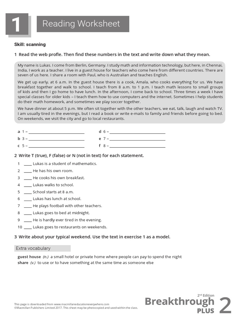 Reading Worksheet: Skill: Scanning | PDF | Teachers