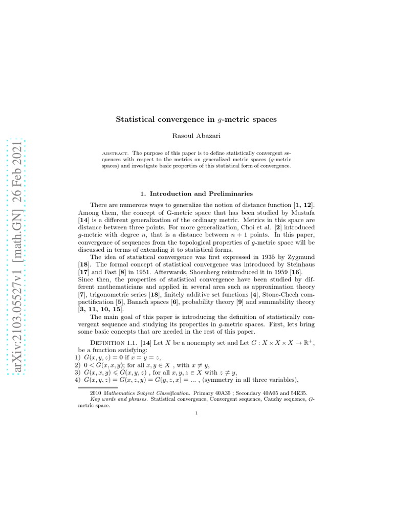 Statistical Convergence In G Metric Spaces Rasoul Abazari Pdf Metric Space Sequence